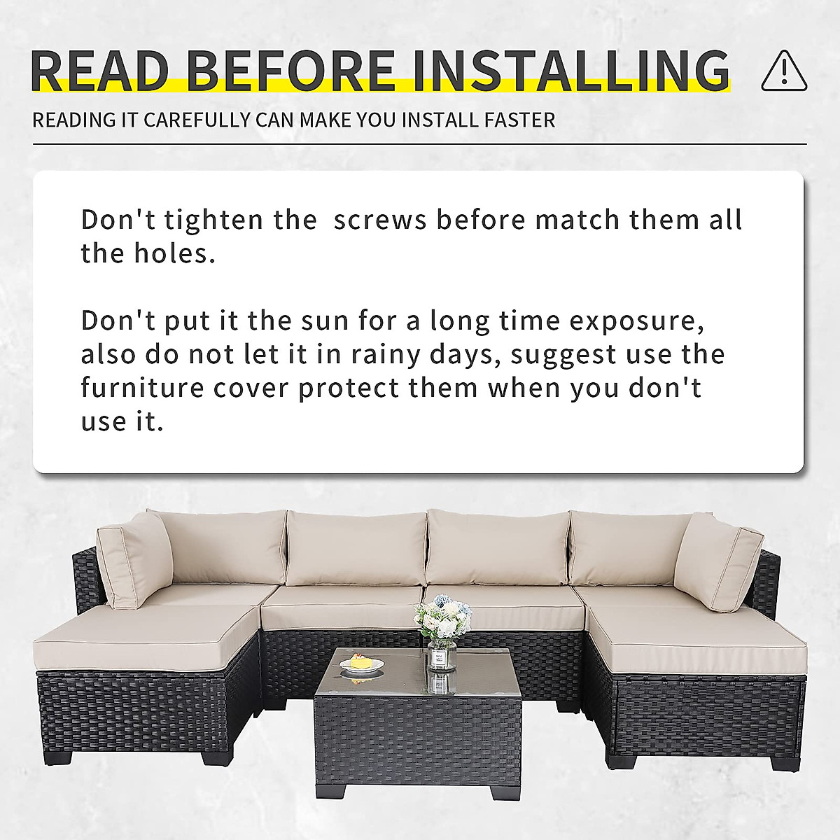 Lviden 7 Pieces Outdoor PE Wicker Furniture Set Patio Rattan Sectional Conversation Sofa Set with Khaki Cushions and Glass Top Table