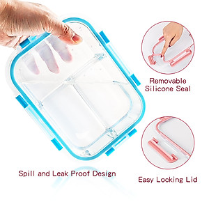 Glass Food Storage Containers 3 Compartment with Lids (5 Pack, 34oz), Divided Glass Meal Prep Containers for Lunch at Work, Leak-Proof Portion Control Food Containers, Microwave/Dishwasher Safe