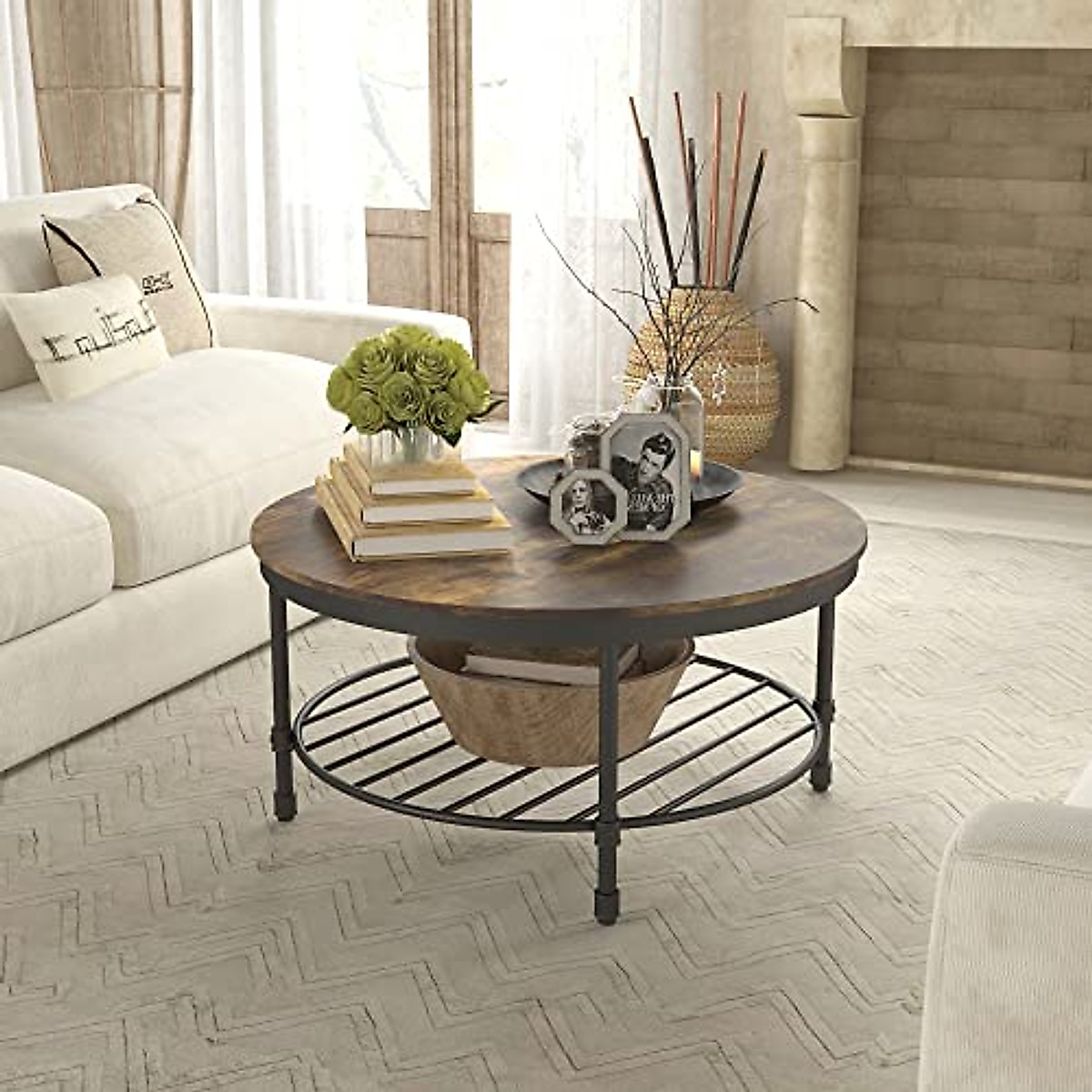 Gezen 2-Tier Round Coffee Table, Industrial Coffee Table for Living Room, Wooden Tabletop Rustic Steel Accent Table with Storage Open Shelf- Metal Frame - Retro Brown