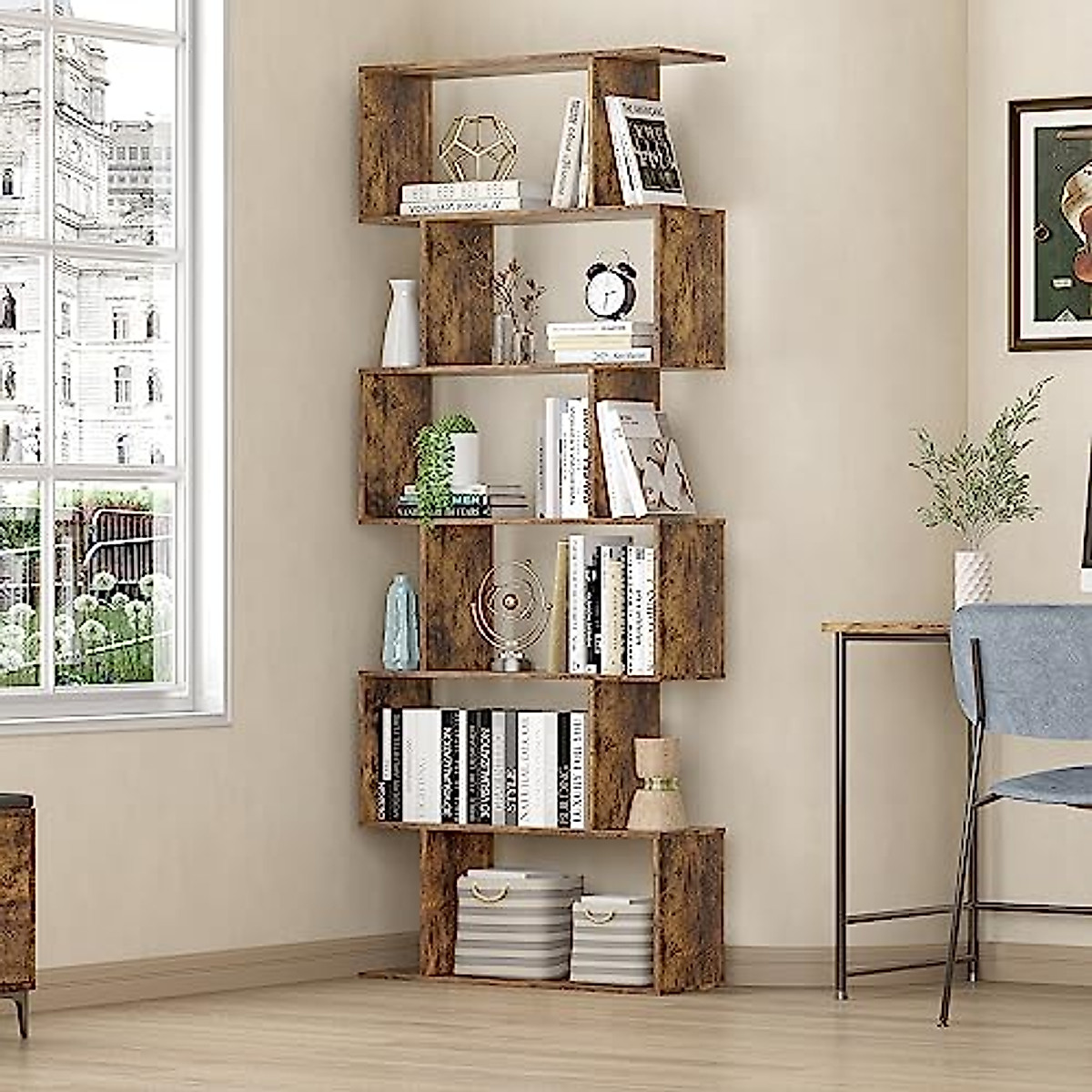 HOMEFORT Wooden Geometric Bookshelf,6-Tier S-Shaped Bookcase,6 Shelf Morden Bookshelves,Unique Freestanding Tall Book Shelf and Book Case for Bedroom and Living Room Home Office,Rustic Brown