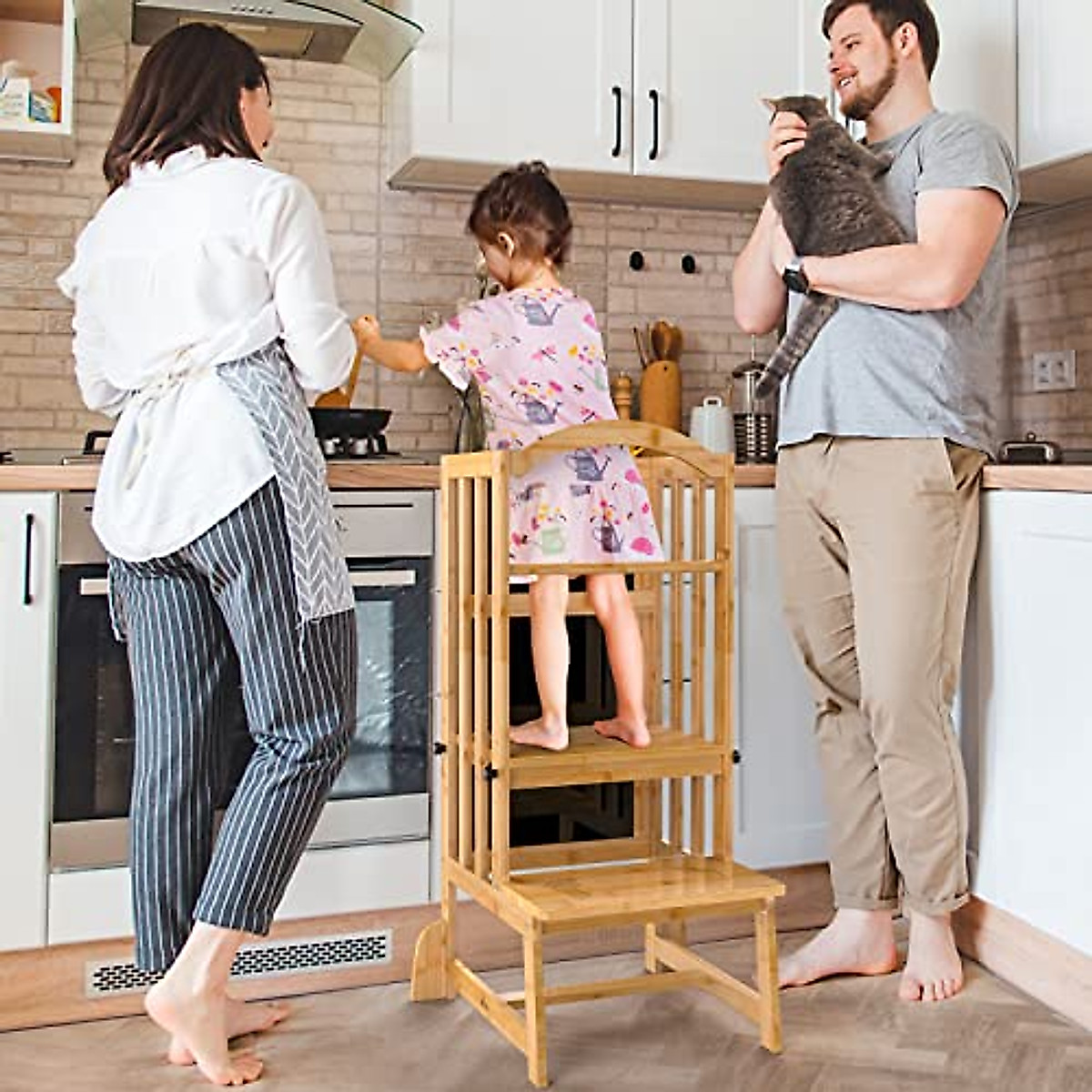 DORPU Learning Step Stool for Kids, Adjustable Height Toddler Kitchen Standing Tower with Double-Side Art Board, Natural