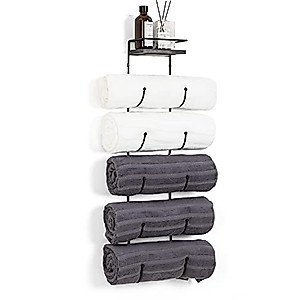 SODUKU Towel Rack Multifunctional Wall Mount Towel Wine Rack with Top Shelf Metal Towel Racks Storage Organizer Holder for Bathroom Bath Kitchen Black