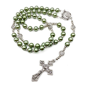 Nazareth Store Green Beads Rosary Necklace Catholic Pearl Beads Rosary with Miraculous Medal and Cross Crucifix