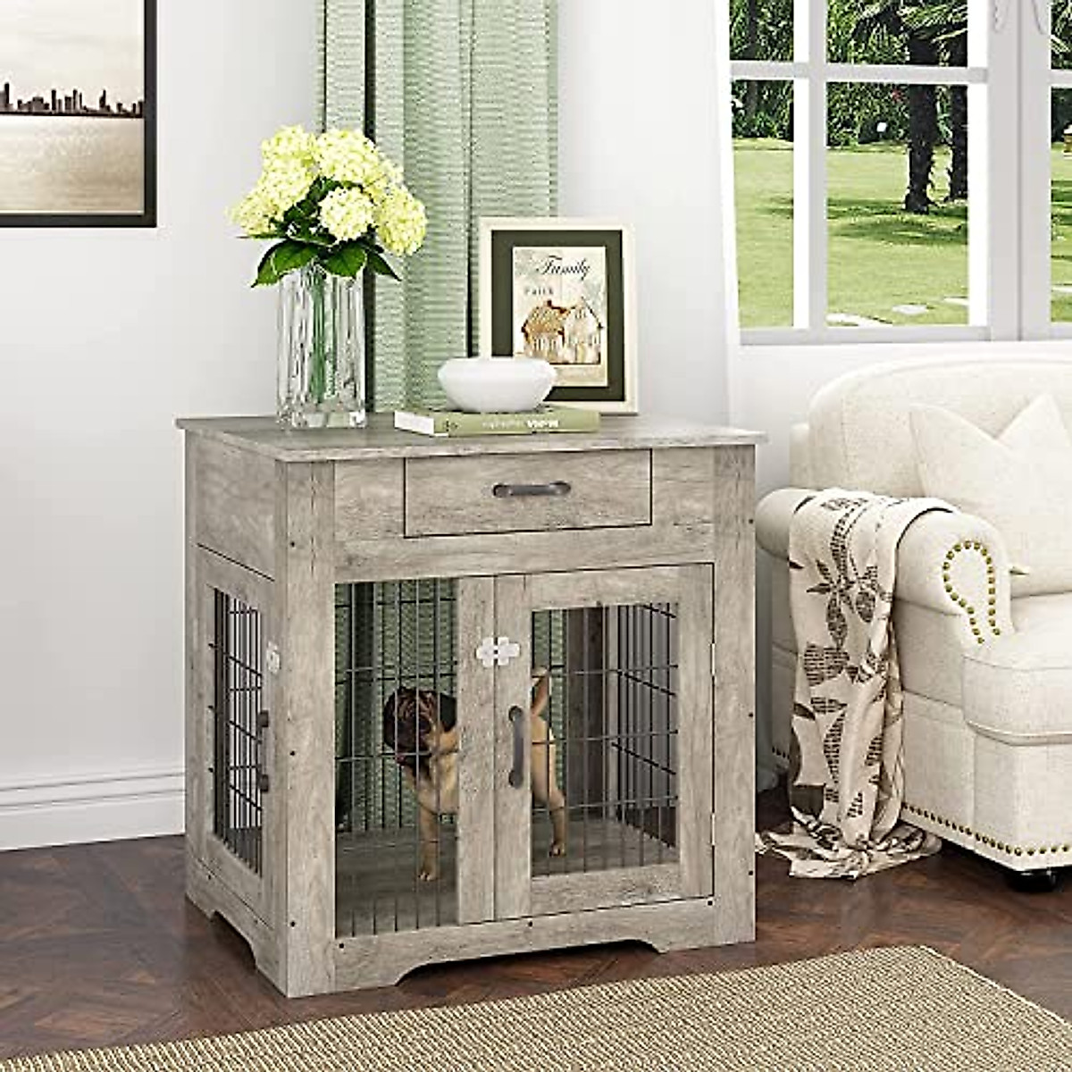 Fegherug Dog Crate Furniture for Small Dogs, Wooden Dog Kennel End Table with Drawer, Dog House Indoor Use, Chew-Proof, Casual Home Wooden Pet Crate, Indoor Pet Crate Side Table