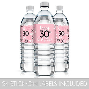 Pink, Black, and White 30th Birthday Party Water Bottle Labels - 24 Waterproof Wrappers