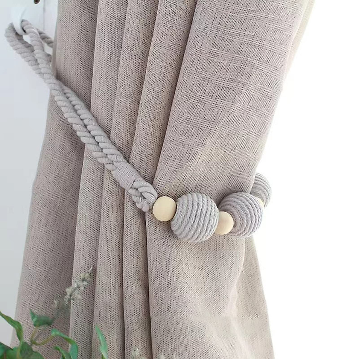 Boho Curtain Tiebacks Ropes, Magnetic Drapery Buckles for Decoration, Boho Curtain Tiebacks Curtain Holdbacks for Wall Curtain Tiebacks Window Drape Tie Back with Hooks for Bedroom Wall (Gray)