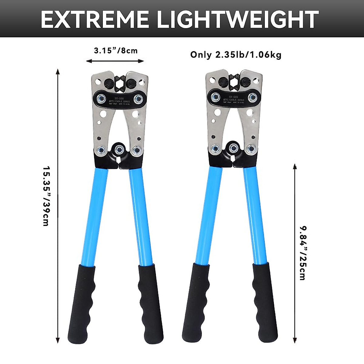 HKS Battery Cable Lug Crimping Tool 10-1 AWG with 60Pcs Copper Ring Terminals 8 Sizes Cable Lugs Set, Heavy Duty Wire Crimper