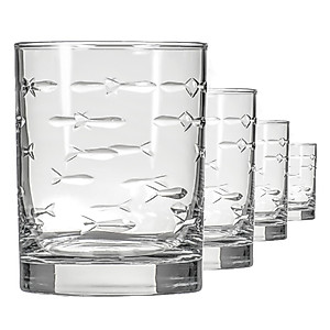 Rolf Glass School of Fish 13oz Double Old Fashioned Glass | Whiskey Glass Set of 4 | Lead-Free Glass | Engraved Tumbler Glasses | Designed and Engraved in the US