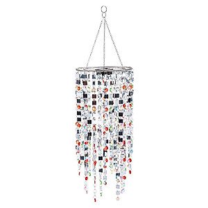 Wind & Weather Concentric Rings Silver and Multi-Colored Mirrored Outdoor Chandelier with Solar Lights Powered by Discreet Solar Panel in Top with Hanging Chain Included, 8½" Dia. x 29" H, Chain 9¼"L