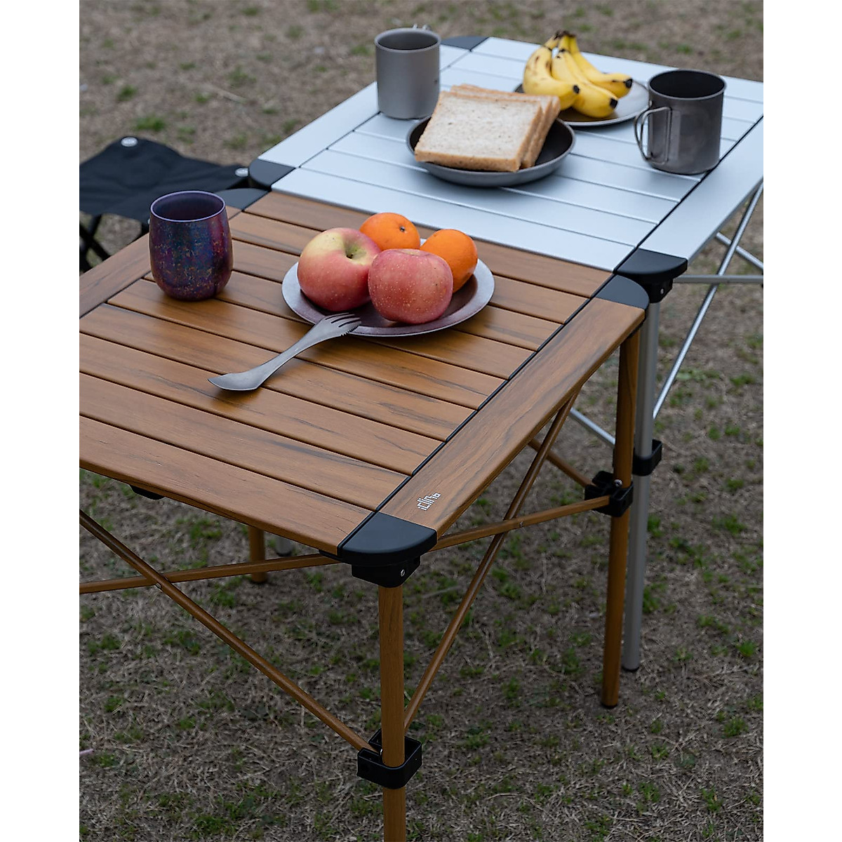 iClimb Lightweight Stable Alu. Folding Square Table Roll Up Top with Carry Bag for Camping Picnic Backyards BBQ Camp Kitchen (Nature, M)
