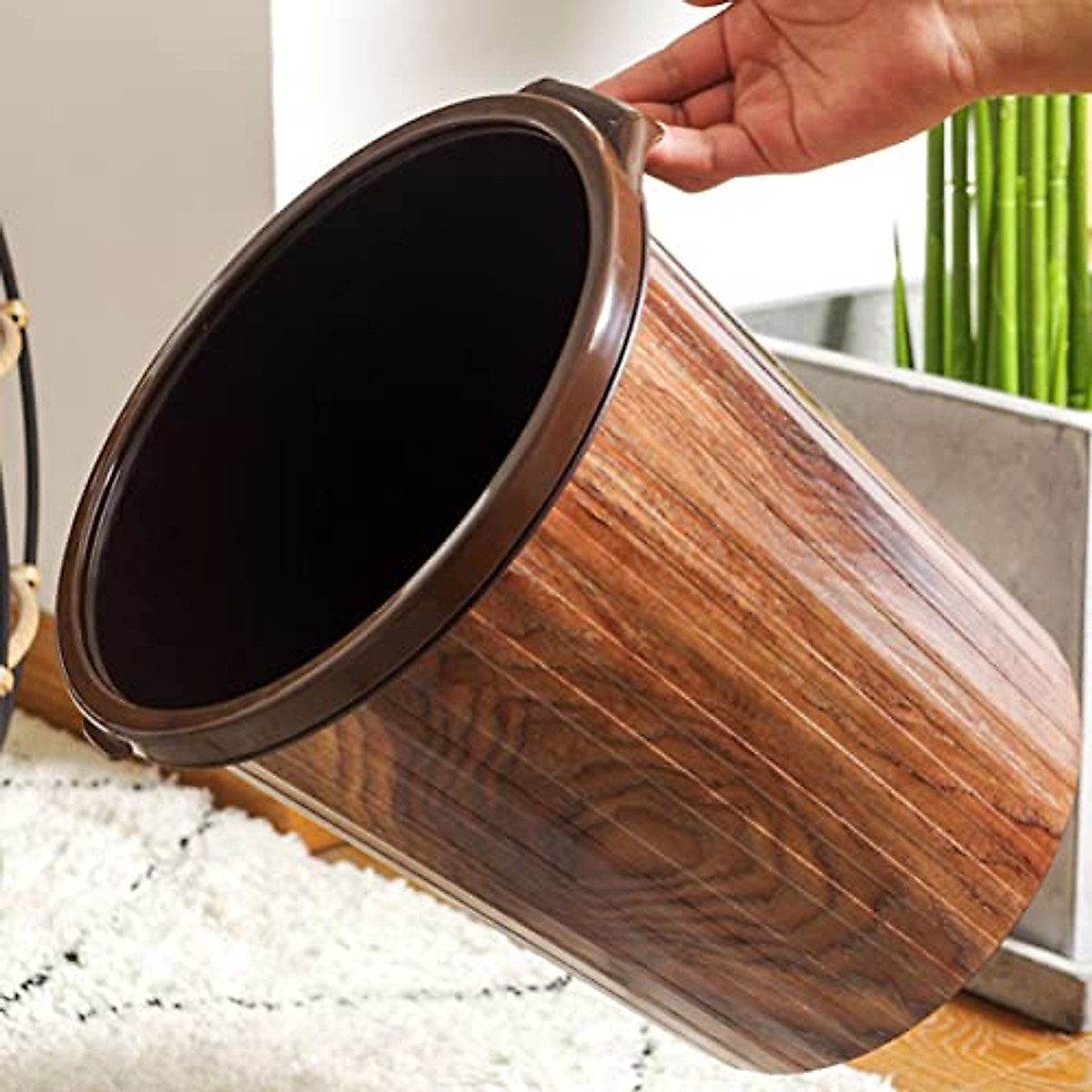 Angoily Trash Can with Pressing Ring 10L Imitation Wood Grain Waste Basket Garbage Can Rubbish Bin Flower Pot Toys Bucket for Home Office Brown