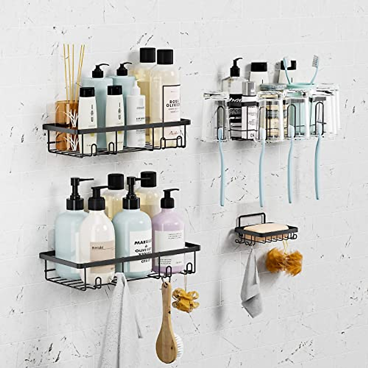 Tivisir Shower Caddy 4-Pack,Bathroom Storage Rack with Hook,Adhesive Shower Organizer ＆Drilling, Shower Organizer with Toothbrush Holder with Soap Rack,Rustproof Stainless Steel Shower Shelf (Black)