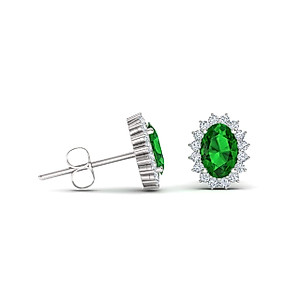 Diamondere Natural and Certified Oval Cut Emerald Halo Diamond Petite Earrings in 14K White Gold | 1.13 Carat Earrings for Women