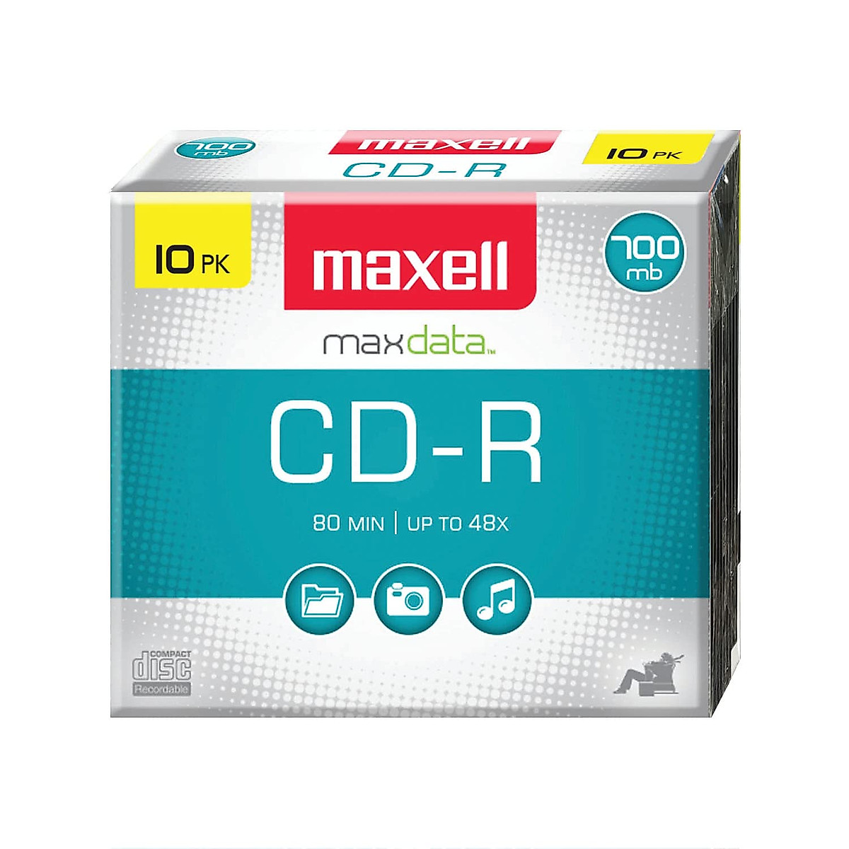 Maxell 648210 CD-R Discs, 700MB/80min, 48x, w/Slim Jewel Cases, Silver, 10/Pack