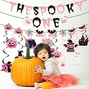 Gameza Halloween Birthday Party Decorations - 13PCS Glitter The Spooky One Birthday Decorations Girl Banner Hanging Swirls Pink Cute Ghost 1st Birthday Decor Set Little Boo Themed Party Supplies