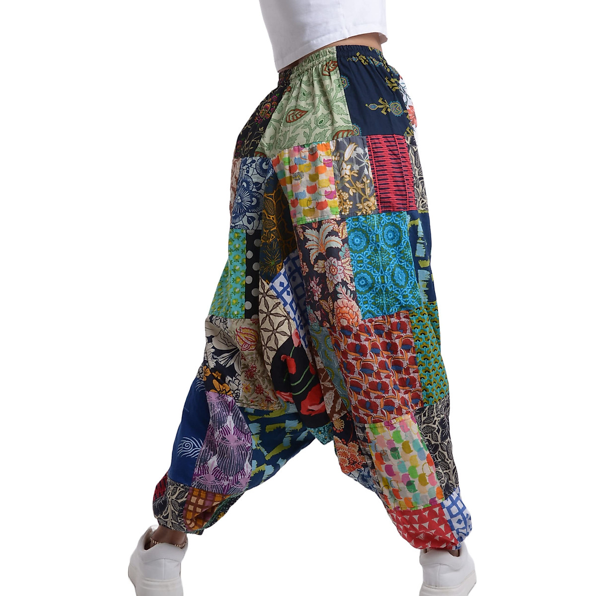 PEACH PEBBLE Women's Harem Pants 100% Cotton, Bohemian Yoga Boho Hippie Aladdin Colorful Patchwork Harem Pants, Soft Cotton Casual Fashion Women