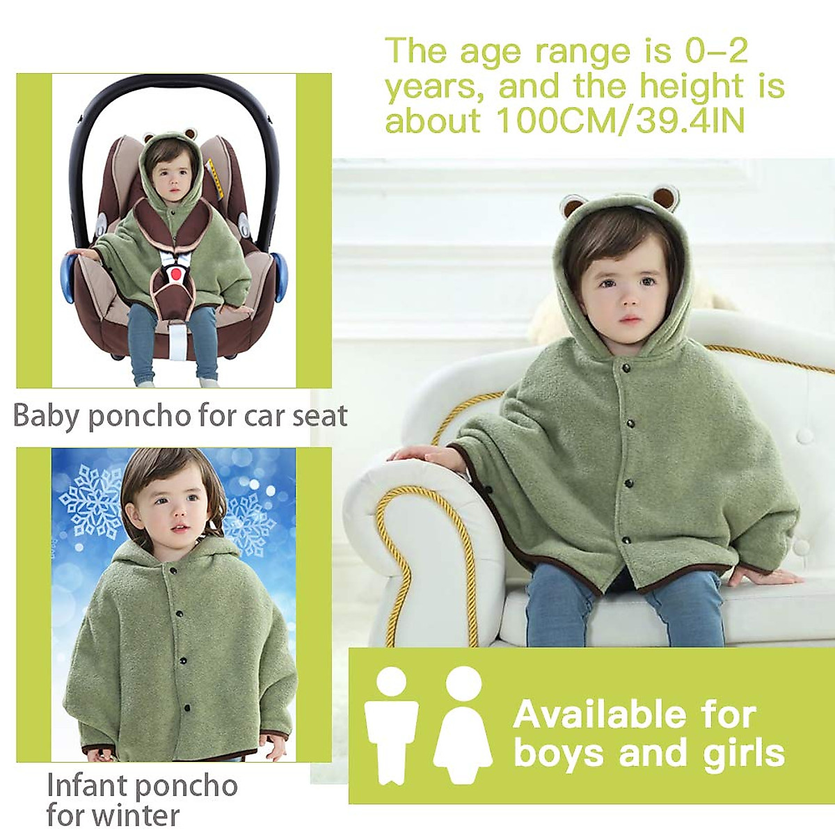 Frog Hood Carseat Poncho for Kids - Fleece Hooded Wool Cape Coats for Toddlers