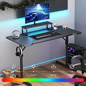 DOMICON Small Gaming Desk with LED Lights & Power Outlets, 39 Inch Computer Desk with Monitor Stand, PC Gaming Table with Carbon Fiber, Black