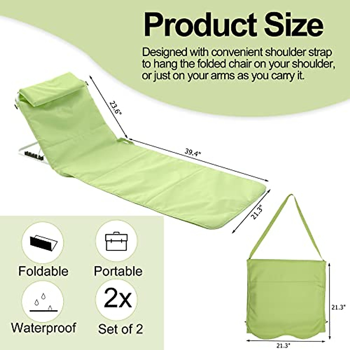 2 Pack Beach Lounge Chairs for Adults with Adjustable Backrest, Folding Lightweight Portable Beach Chairs Loungers Camping Chairs Lawn Chairs for Outdoor Relaxing and Sun Tanning, Green