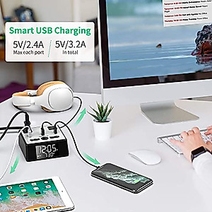 Digital Alarm Clock with 3 USB Charger, SUPERDANNY Desk Charging Station 2 AC Outlets, 6.5ft Cord, Power Strip Surge Protector 1700J, LCD Display, Easy Alarm Setting for Bedroom Dorm Room Hotel