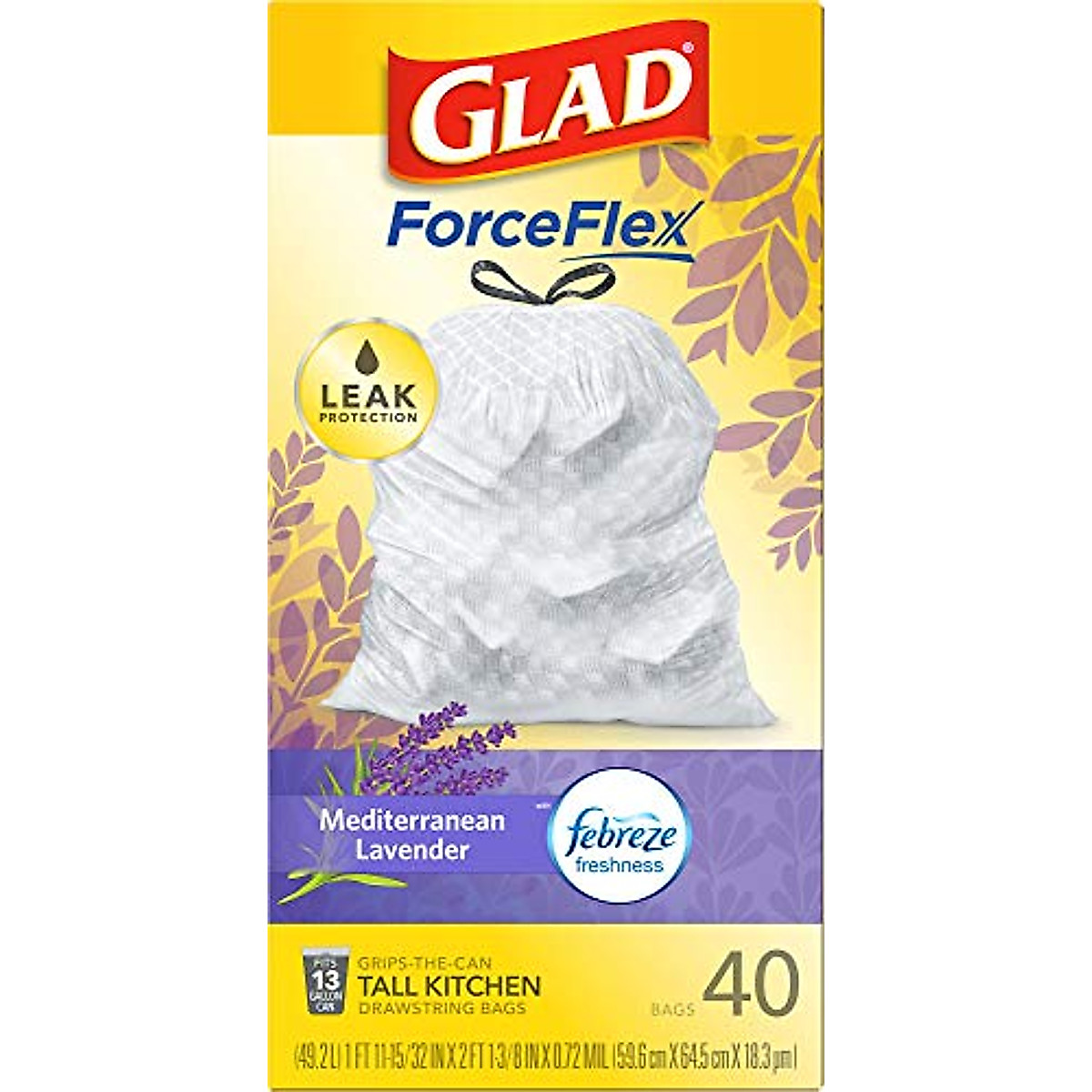 GLAD ForceFlex Tall Drawstring Trash Bags, 13 Gallon White Trash Bags for Tall Kitchen Trash Can, Mediterranean Lavender with Febreze Freshness to Eliminate Odors, 40 Count