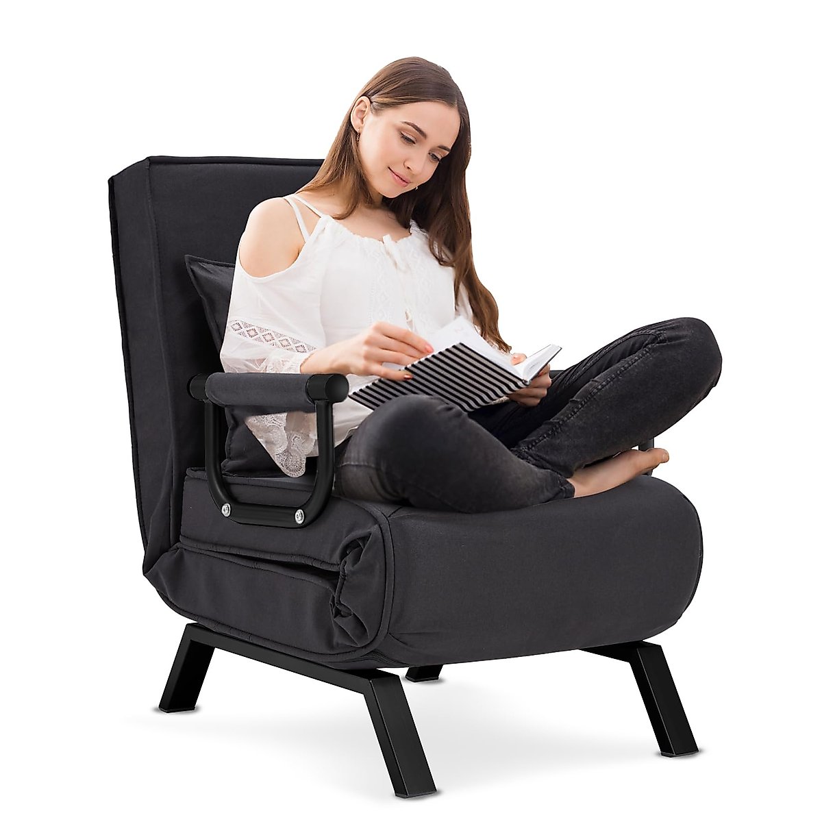 Haddockway 3-in-1 Convertible Sofa Bed Sleeper Chair with Pillow,Folding Versatile Upholstered Armchair,Adjustable Leisure Chaise with 6 Positions,Lazy Bed Lounge Recliner for Home,Office (Black)