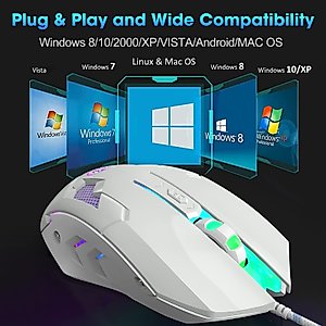 aMZCaSE Wired Mouse, RGB Optical Computer Mouse, USB Corded Mouse with 6 Buttons, 7200 DPI Adjustable Office and Home Wired Gaming Mouse for Laptop Windows PC Desktop Notebook-White