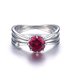 Zetaur 925 Sterling Silver Created Ruby Spinel Round Brilliant Cut CZ Multi Row Split Shank Solitaire Band Ring Wedding Engagement Eternity Ring for Women Size 8