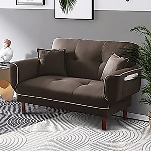 SoarFlash Convertible Futon Sofa Bed with 2 Pillows, Small Couch with Adjustable Armrest and Wood Legs, Upholstered Loveseats Furniture Low Back 2-Seat Sofa Couch with 5-Angle Backrest (Brown)