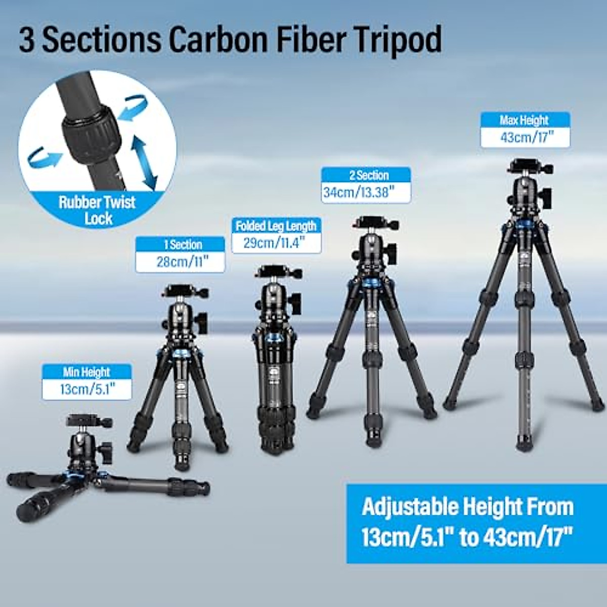 SIRUI Carbon Fiber Travel Tripod with 360° B-00K Arca-Swiss Ballhead, Mini Desktop Tripod for Mirrorless Cameras, Folded Height 12.1", Max Height 16.6″