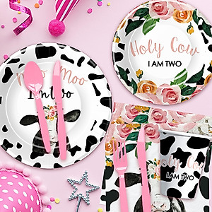 APOWBLS Moo Moo Im Two Birthday Decorations Tableware Girl - Cow 2nd Birthday Party Supplies, Plate, Napkin, Tablecloth, Fork, Holy Cow Two Year Old Birthday Party Decorations Dinnerware | Serve 24