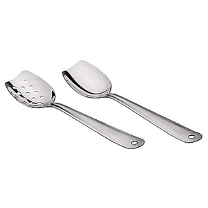 IMEEA Flat Bottom Serving Spoon 18/8 Stainless Steel Slotted Spoon 10-Inch Flat Edge Spoon Cooking Spoon, Set of 2