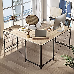 Bestier L Shaped Desk Computer Long Desk Reversible Corner Desk for Home Office Large Craft Table U Shaped 2 Person Gaming Workstation with Monitor Stand 3 Cable Holes L Desk, Light Oak