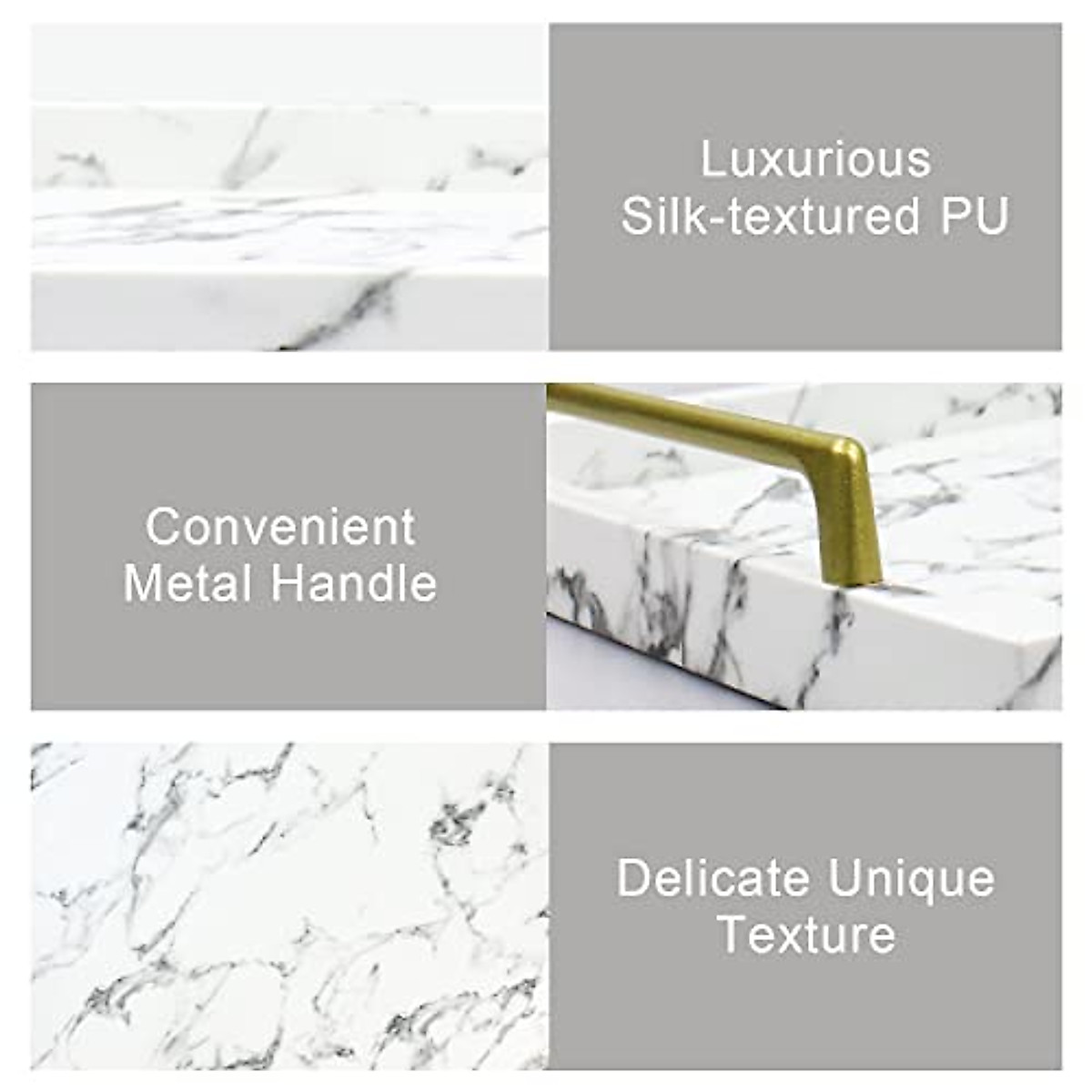 MCBZ Home furnishings, Serving Trays, Coffee Table Decorative Trays, Marbled Leather Trays, Gold Handle Storage Trays (White/Marbled)