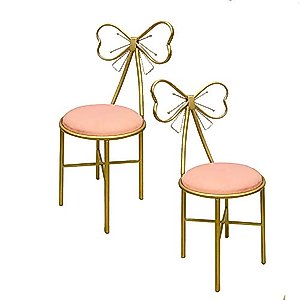 Wrought Iron Dressing Stool, Makeup Vanity Chairs Set of 2 with Butterfly Bow Tie Backrest Bedroom Princess Chair Girls Ladies Creative Makeup Stool (Leather- Pink)