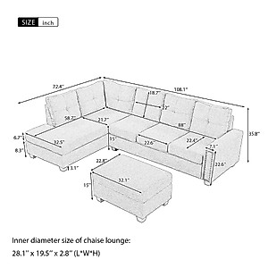 Favfurish 108 * 72.4" Reversible Sectional Sofa,with Storage Bench,L-Shaped Convertible Modular Couch,Rivet Ornament Backrest for Large Space,Dormitories,Living Rooms,Apartments,Light Gery