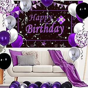 Black Purple Birthday Decorations, Happy Birthday Backdrop for Women Girls Men 13th 16th 18th 21st 30th 40th 50th 60th Birthday Party Decorations Purple, Black Silver and Purple Balloon Arch Kit