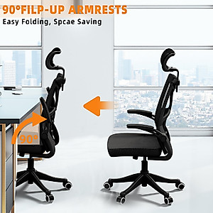 Ergonomic Office Chair, High Back Desk Chair, Breathable Mesh Desk Chair with Lumbar Support, Adjustable Headrest and Flip-Up Arms, Swivel Task Chair with Adjustable Height (Black)