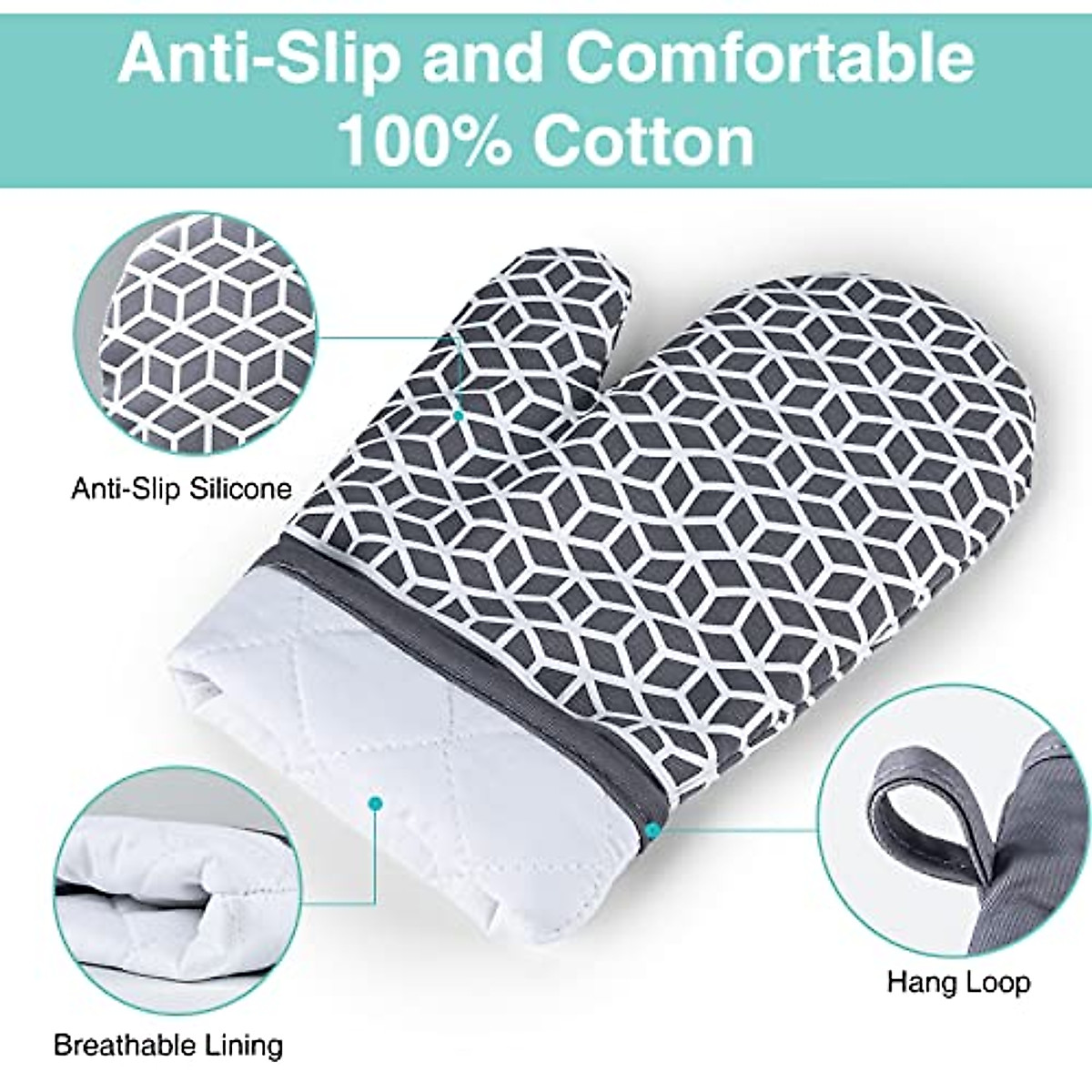 Oven Mitts and Pot Holders, Hmtruly Extra Long Oven Gloves, 500℉ Heat Resistant Oven Mitts with Non-Slip Silicone Pattern, Oven Hot Pads Pot Holders for BBQ Kitchen Baking Cooking (6-Piece Set, Grey)