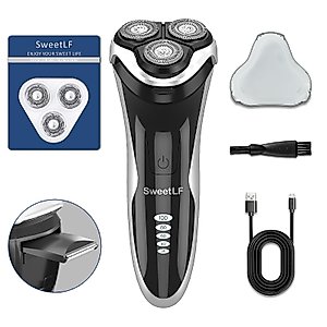 SweetLF Electric Razor for Men, 3 Blades, IPX7 Waterproof, USB Rechargeable, Wet & Dry Shaving, 4D Rotary Head, Pop-up Trimmer, SWS7105 [Upgrade], Black