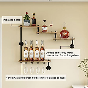MAIKAILUN Wine Rack Wall Mounted with 4 Stem Glass Holder,Industria Floating Wine Pipe Shelf Bar Shelves, Liquor Cabinet for Home, Kitchen Living Room Decor Display Rack