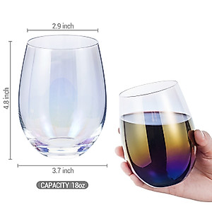 MyGift 18 oz Modern Iridescent Transparent Stemless Wine Glasses, Rainbow Colored Luster Clear Cocktail Beverage Drinking Glass Cups, Set of 4