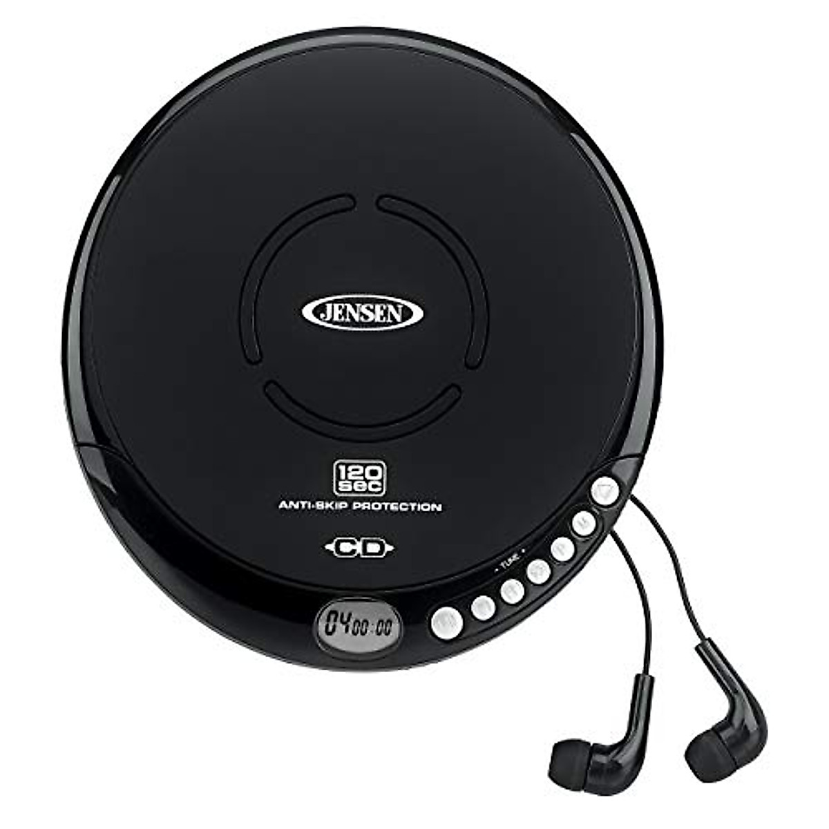 Jensen Portable CD-120BK Portable Personal CD Player Compact 120 SEC Anti-Skip CD Player – Lightweight & Shockproof Music Disc Player & FM Radio Pro-Earbuds for Kids & Adults