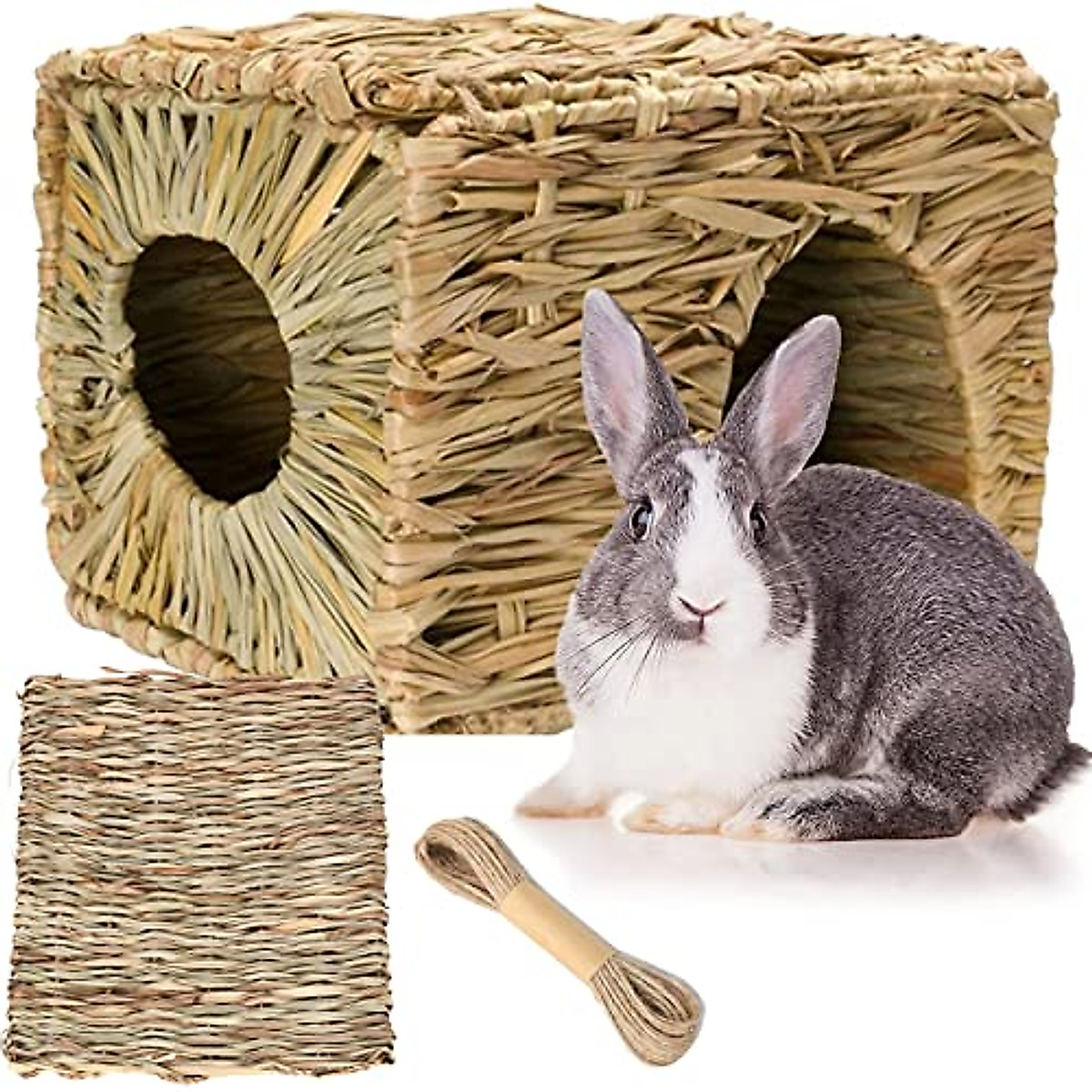 Bunny Grass House - Hand Crafted Natural Rabbit Hideout & Nesting Box, Foldable & Comfortable Bed Cage for Small Animals, Hamster, Guinea Pig, Chinchilla, Hedgehog (Medium - Suit for 1 Adult Rabbit)