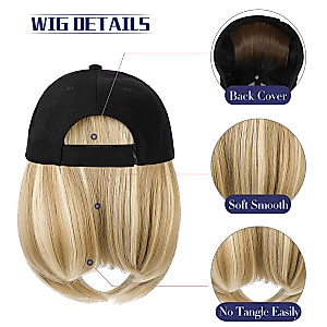 Qlenkay Baseball Cap with Hair Extensions Straight Short Bob Hairstyle Adjustable Removable Wig Hat 14inch for Woman Girl Ash Blonde Mix Bleach Blonde