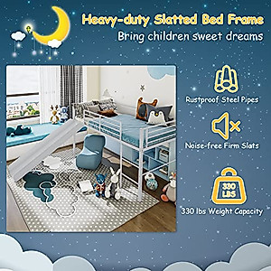 Giantex Twin Loft Bed with Slide, Metal Low Bunk Bed w/Safety Guardrails & Built-in Ladder, Toddler Bed Floor Frame for Boys & Girls, No Box Spring Needed (Silver)