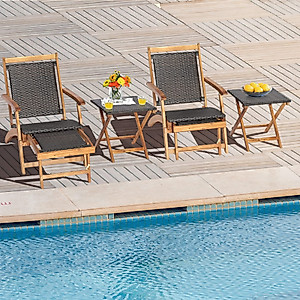 RELAX4LIFE Patio Lounge Chair Set - Outdoor Acacia Wood Chaise Lounge w/Side Table, Armrest & Retractable Ottoman, Rattan Seat, Tabletop, Quick Folding Sunbathing Chair for Backyard, Poolside (2)