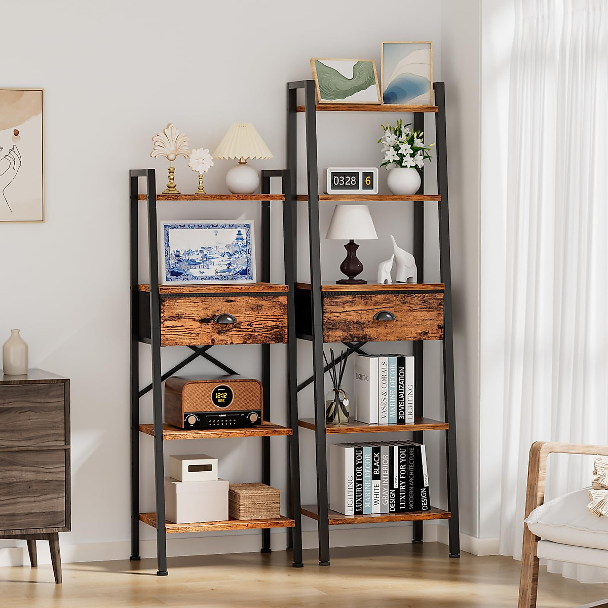 Furologee 4 Tier Ladder Shelf, Narrow Ladder Book Shelf with Drawer, Modern Bookcase Freestanding Shelf Units, Storage Shelves Organizer for Bedroom, Living Room, Bathroom, Home Office, Rustic Brown
