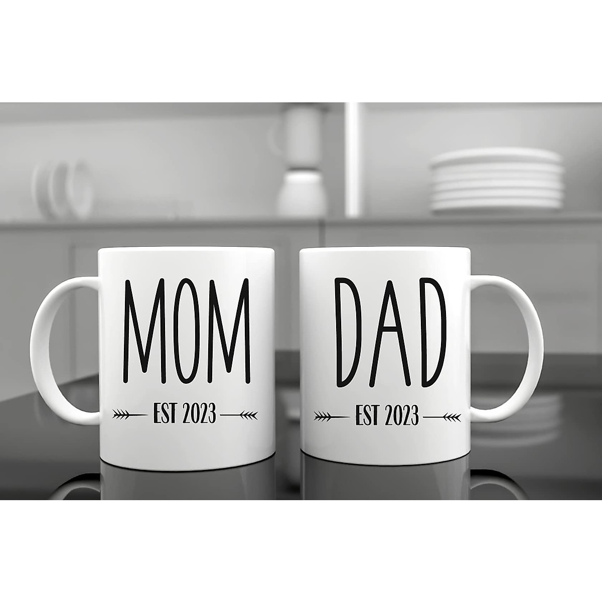 Pregnancy Gift Est 2023 - New Mom and Dad Est 2023 11 oz Mug Set with "Let The Adventure Begin" Romper (0-3 Months) - Top Mom and Dad Gift Set for New and Expecting Parents to Be - Baby Shower