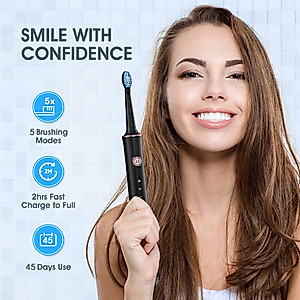 Electric Toothbrush, 8 Dupont Brush Heads, 5 Modes, IPX7 Waterproof, 38000 VPM Motor, 2hrs Fast Charge for 45 Day Use, Powered Toothbrush, Rechargeable Sonic Toothbrush, Whitening Soft Clean for Adult